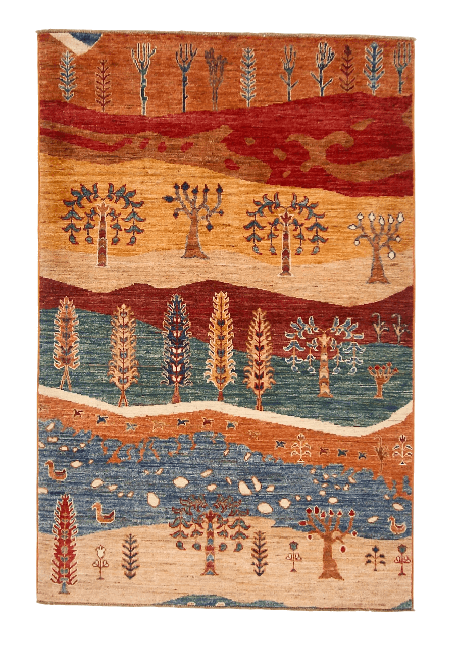 Afghan Gabbeh - Trees (3'05"x5'01") multicolor/rust – Kirishian Rugs